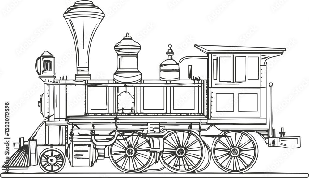 Vintage steam locomotive line drawing in black and white. Stock Vector ...