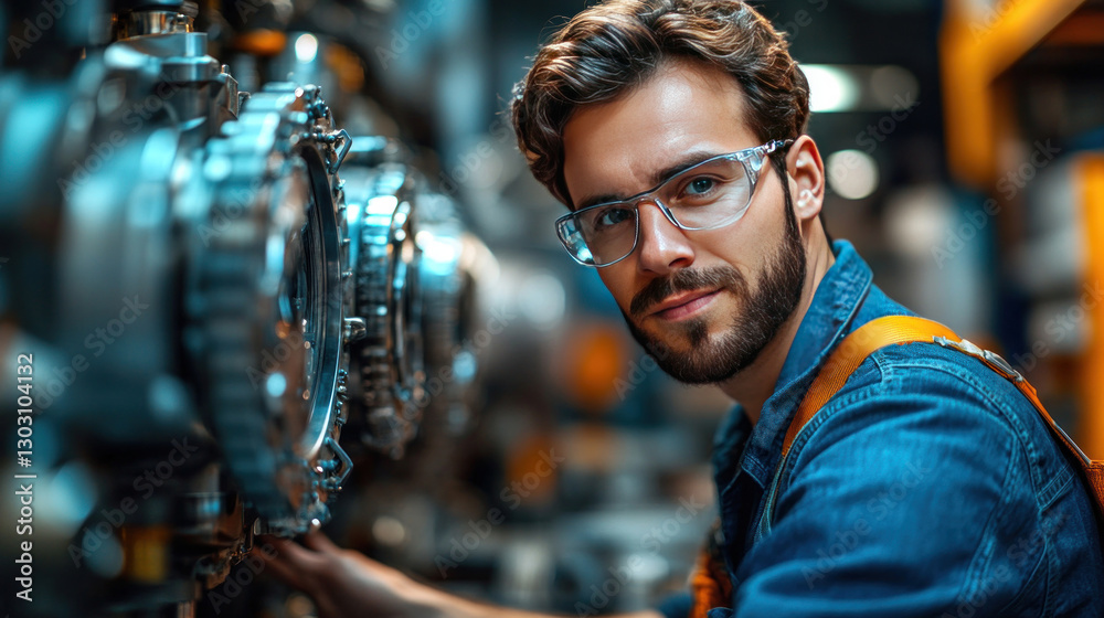 Aircraft maintenance engineer performing safety checks on a jet engine ...
