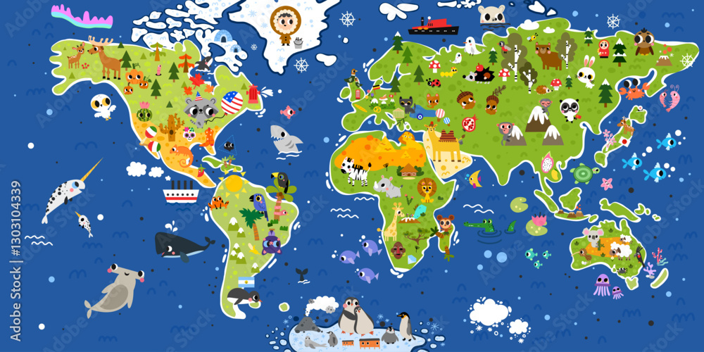 Big colorful world vector kid map with animals, insects, holidays, food ...