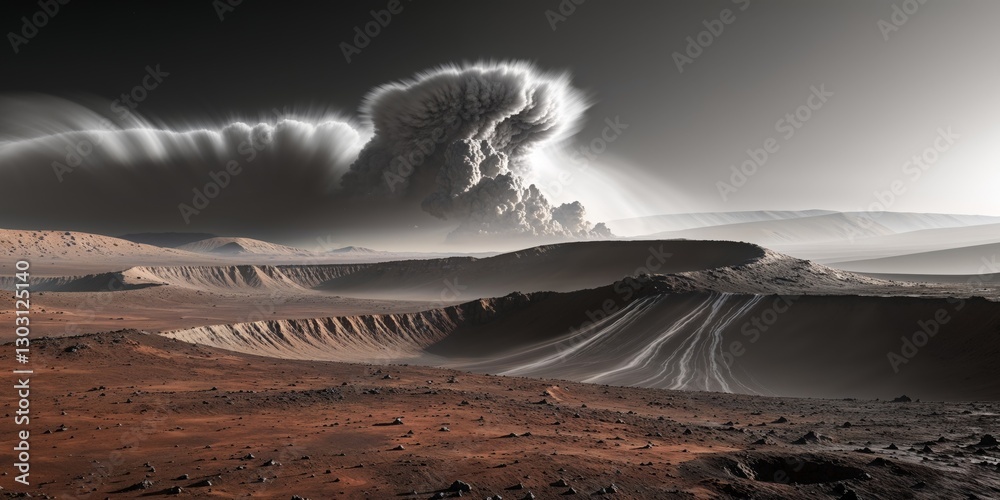 Mars with dust storms and craters where the shadows of the craters cast ...