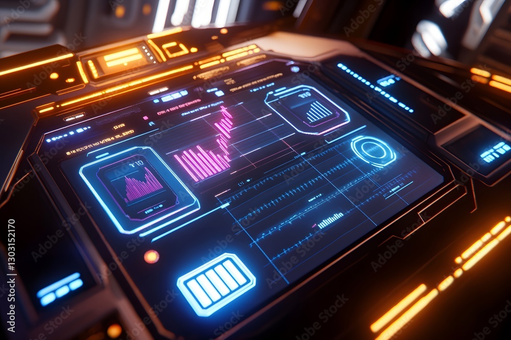 Viewing Futuristic Display Panel with Glowing Data and Graphic ...