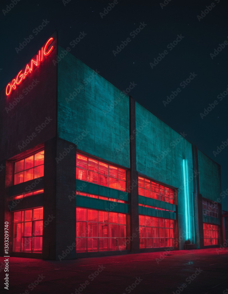 An industrial building at night glows with vibrant red and cyan neon ...