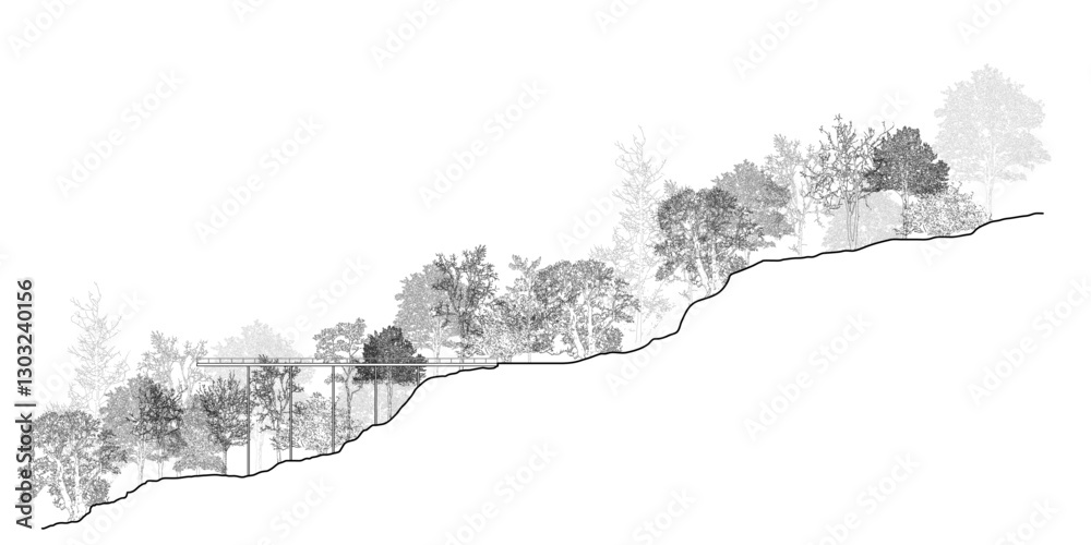 Architectural Drawings, Minimal style cad tree line drawing, Side view, set of section wetland ...