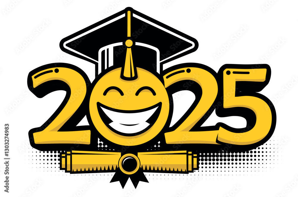 Graduation class of 2025. Emoticon smile in graduation cap. Template ...