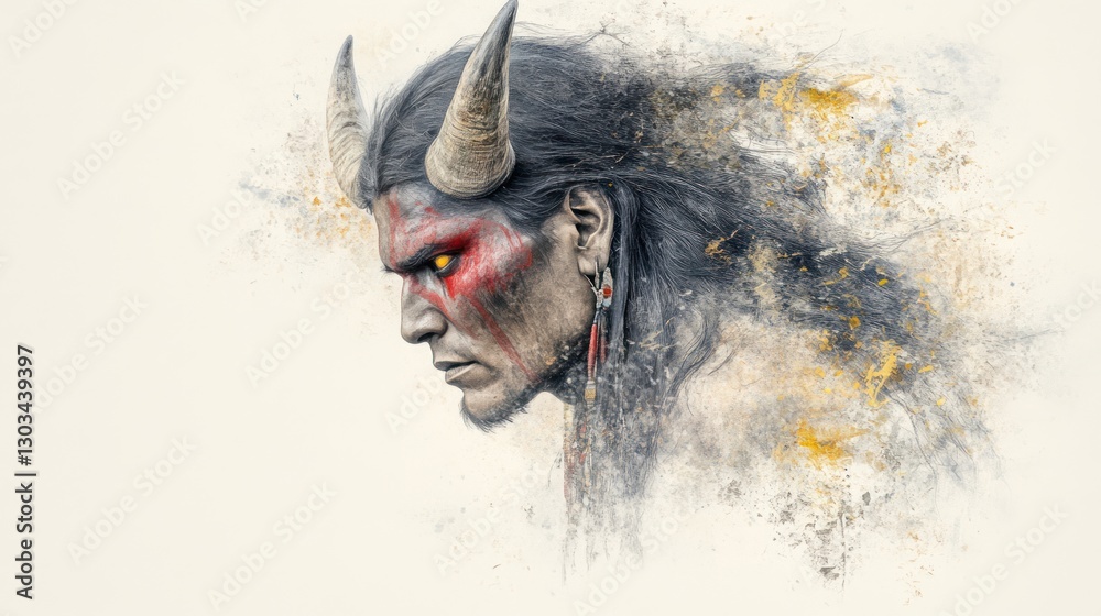 Native American Man with Buffalo Horns: Watercolor Portrait Celebrating ...