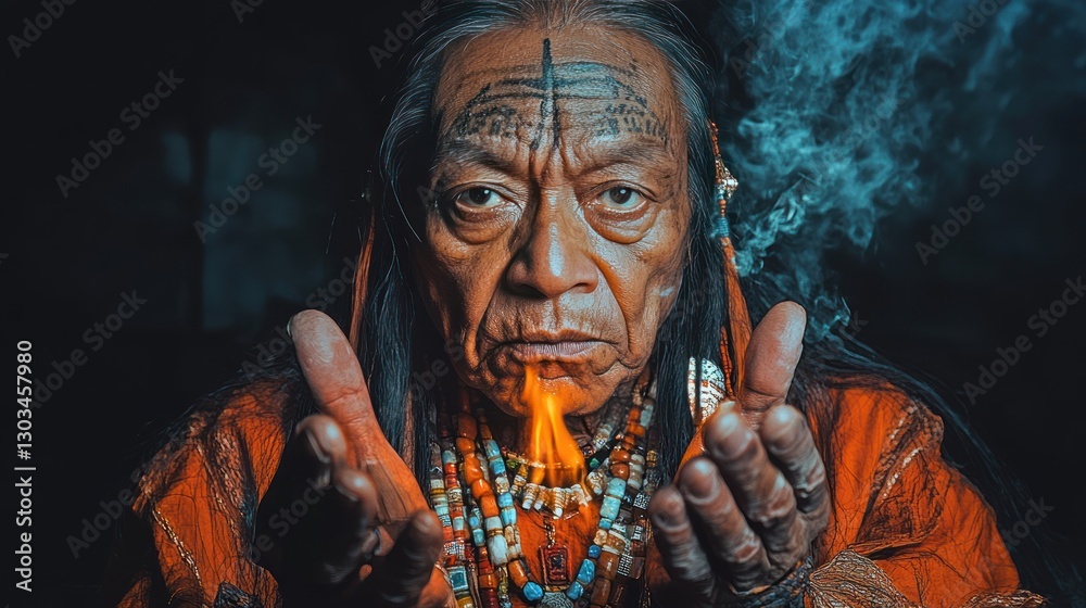 Indigenous Elder Performing Nighttime Ritual by Fire - Native American ...