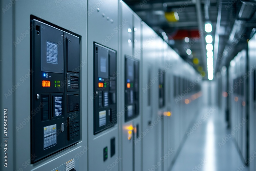 Electrical control panels powering a datacenter with led lights ...