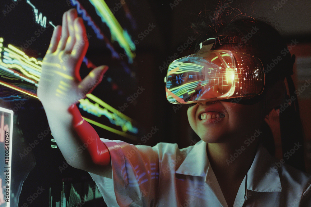 School student wearing VR headset using AI artificial intelligence ...