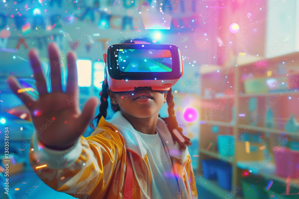 African school pupil with VR headset using AI artificial intelligence ...