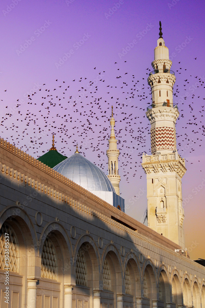 Masjid nabi of Medina. Green dome. Sunset at the Prophet's Mosque Stock ...