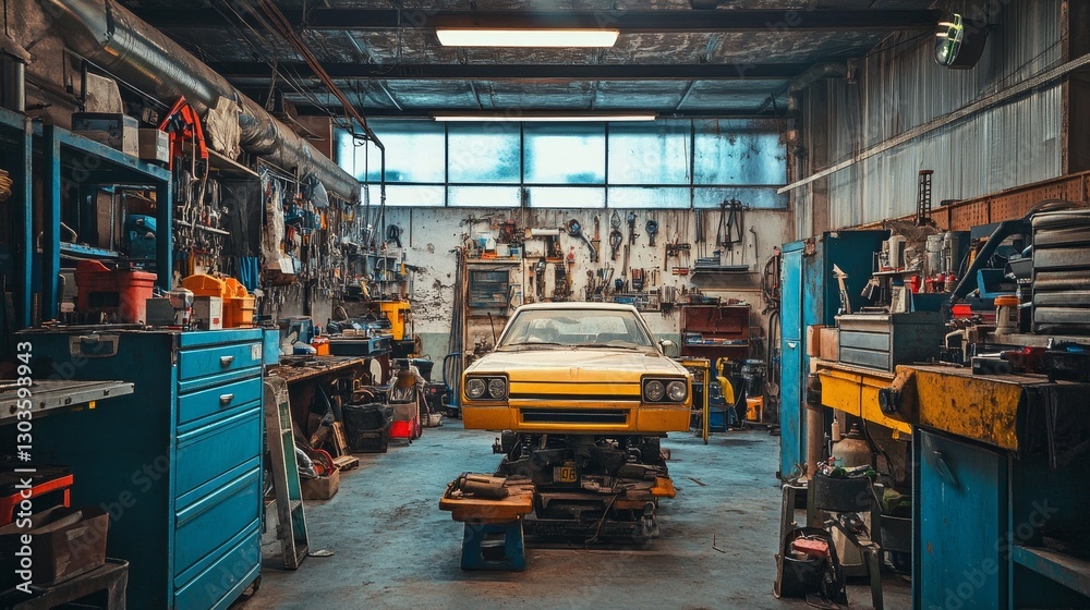 Yellow Car on Lift in Crowded Auto Repair Garage, Workshop ,Mechanic ...