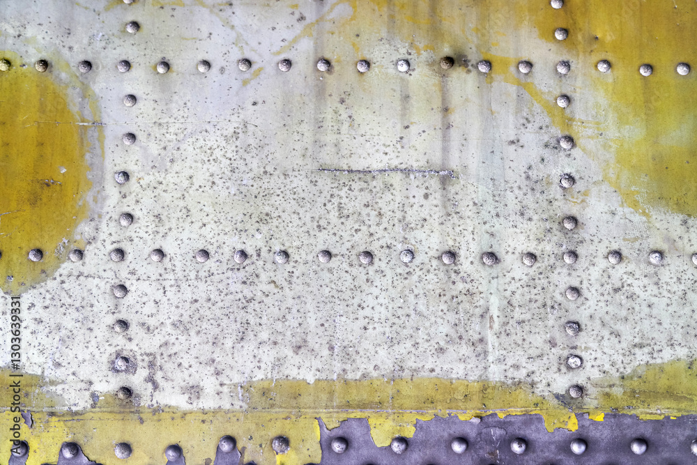 An old riveted with button-head rivets metal plate once painted in ...