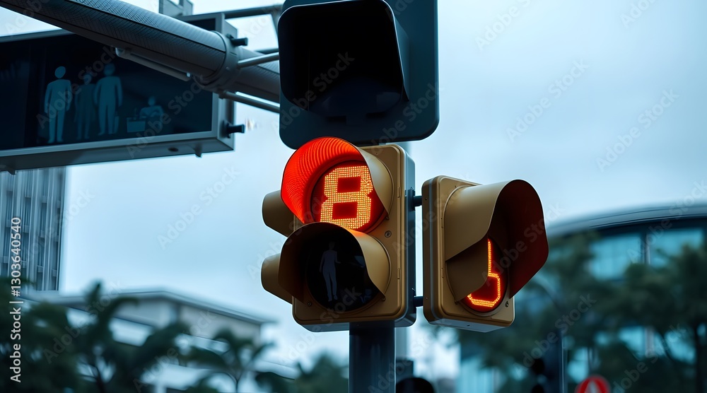 A modern traffic light displaying a countdown timer, indicating the ...