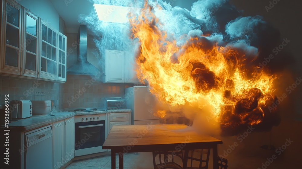 Massive explosion with fire and smoke in a kitchen, depicting extreme ...