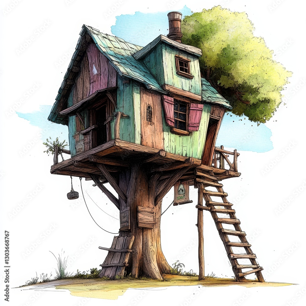 Detailed illustration of a cute children's treehouse, presented in a ...