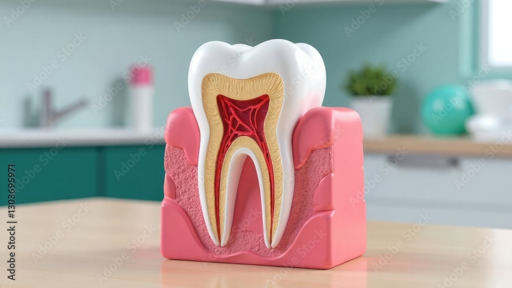 A model of a tooth with a cross-section shows its internal structure ...