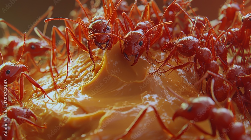 High-resolution macro of red fire ants clustered tightly around a blob ...