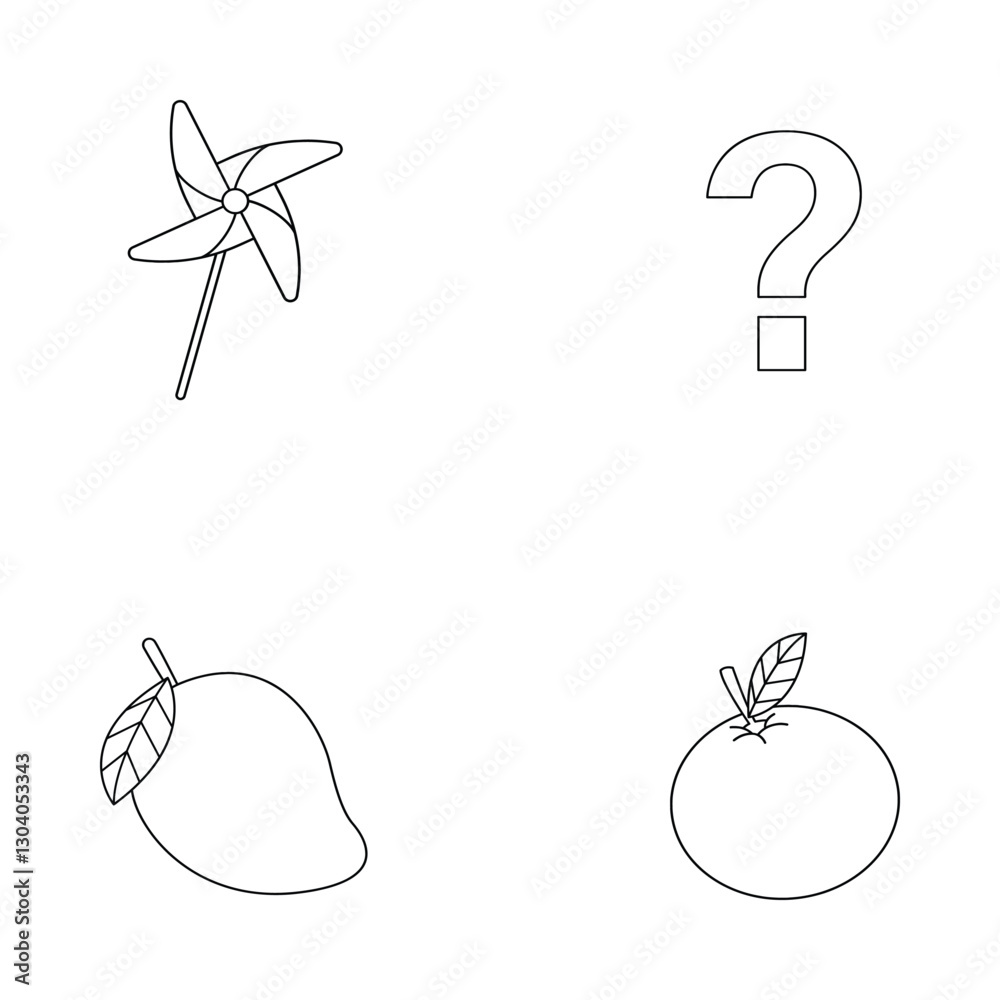Simple line drawings, minimalist icons, pinwheel toy, question mark ...