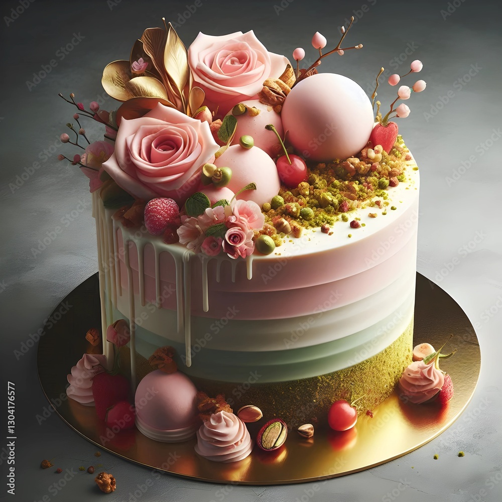 Deconstructed cake, with rose mousse quenelles and pistachio crumble ...