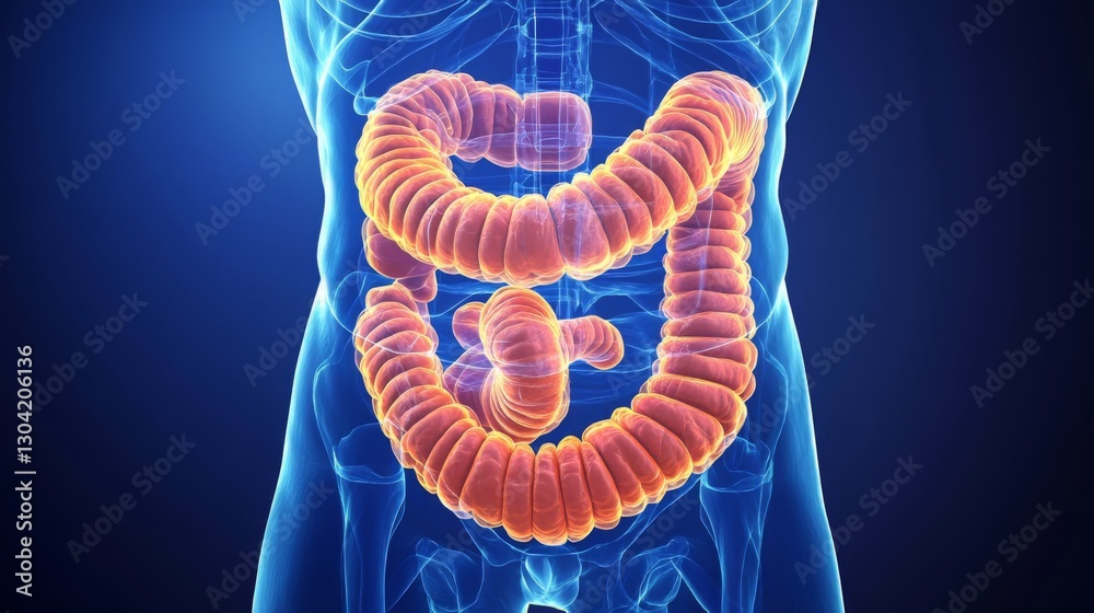 Human digestive system with transparent view of large intestine anatomy ...
