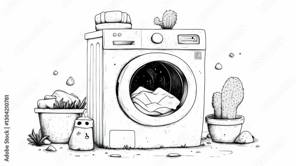 Cartoon Washer with Cacti and Plants Stock Illustration | Adobe Stock