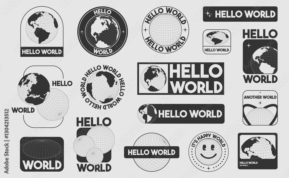Y2k globe stickers with Hello World text in different layouts ...
