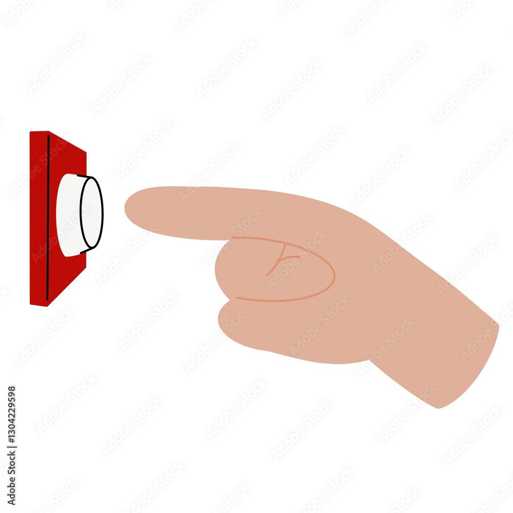 Finger pressing, pushing, clicking, tapping, pointing at wall button ...