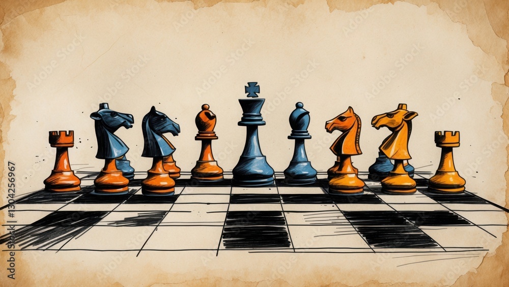 Chess game initial setup hand drawn style with black lines. Chess board ...