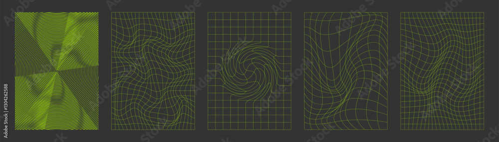 Y2k style warped grid background set with neon green lines on dark ...