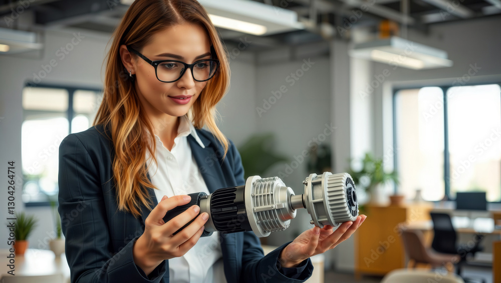 Engineer inspecting robotic arm part. Description. A female engineer ...