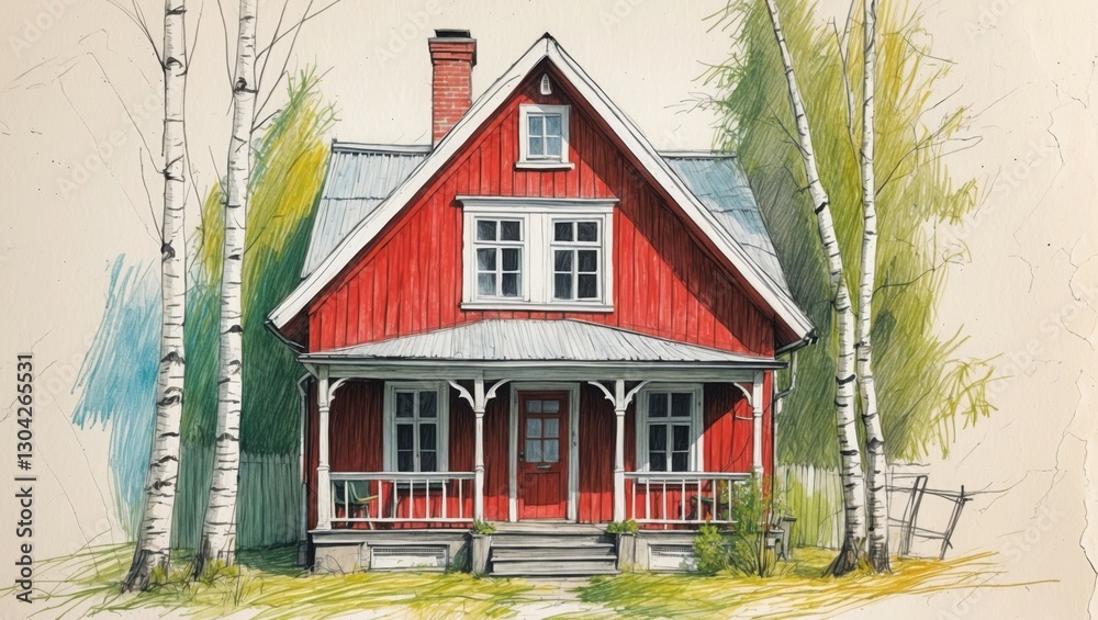 Red house illustration with trees, white porch and silver roof, color ...