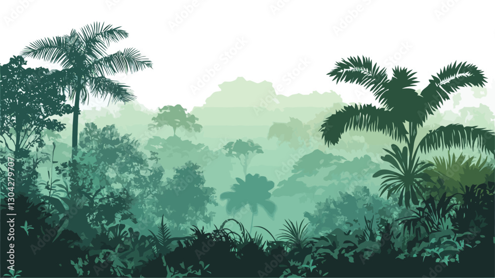 The image is a digital illustration depicting a tropical rainforest ...