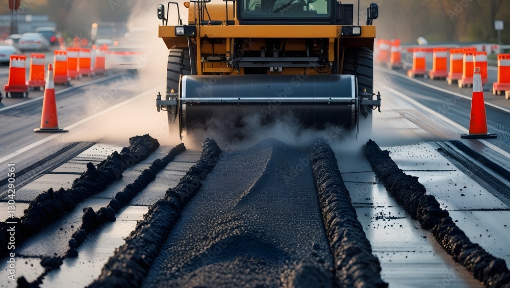 Road Paver Machine Slowly Moving Forward, Laying Down A Fresh Layer Of ...