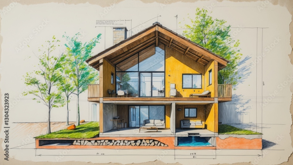Architectural blueprint displays house cross section. Yellow facade ...