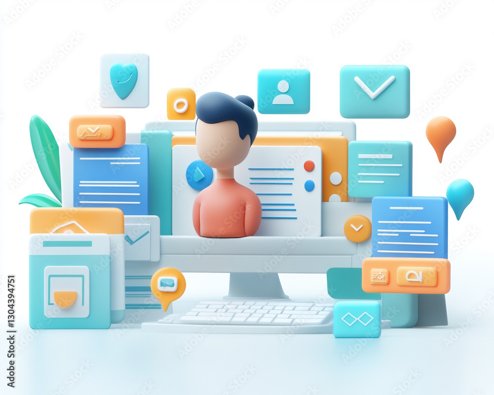 3D illustration of digital customer onboarding process with icons and person computer screen ...