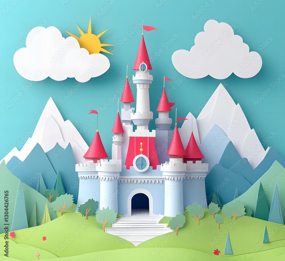 Whimsical 3D Layered Paper Art Castle with Vivid Blue Accents, Fantasy ...