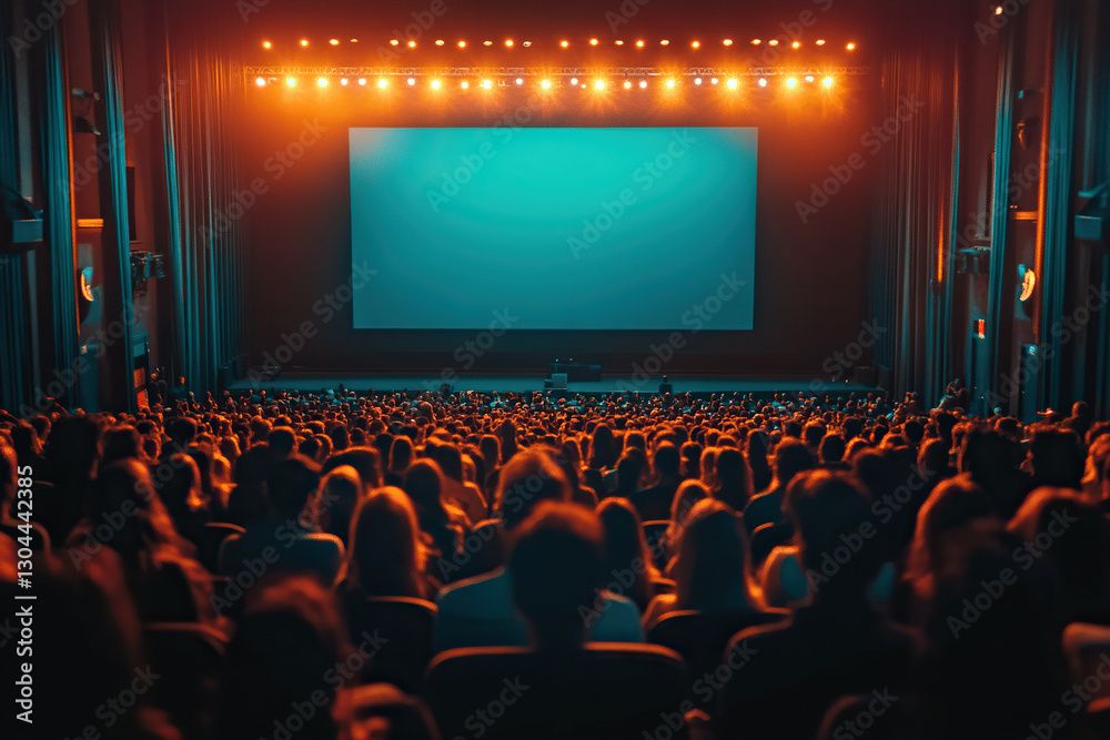 Cinema. Empty wide screen and people in chairs in the cinema hall. A ...