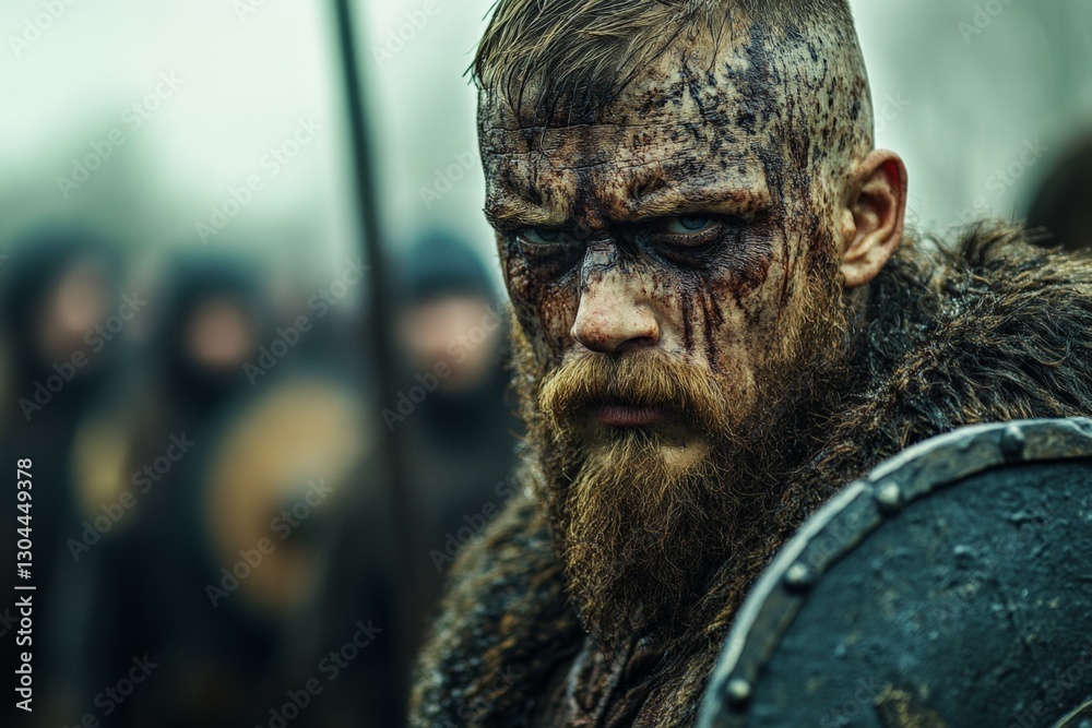 Warrior prepares for battle in a foggy landscape with fierce ...