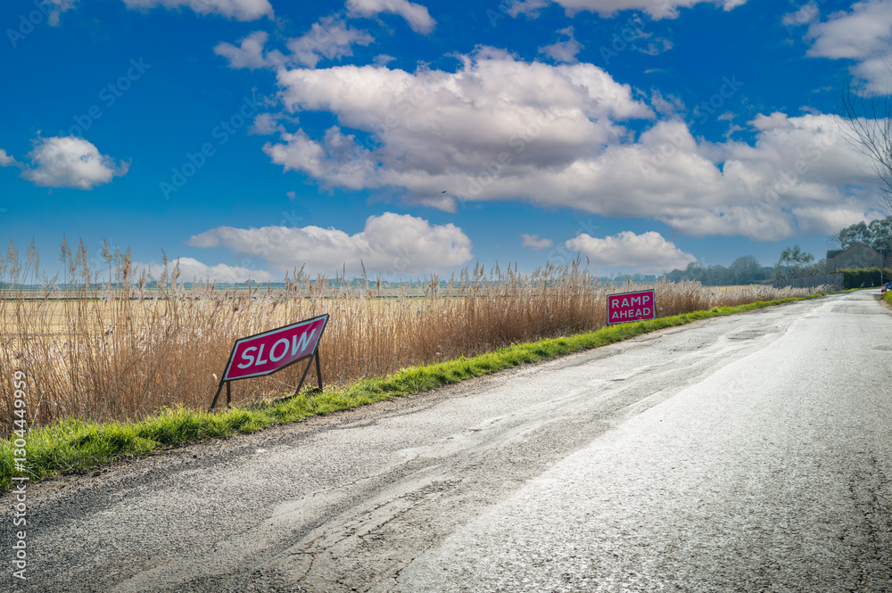Typical British Ramp Ahead and Slow signs seen ahead of road works ...
