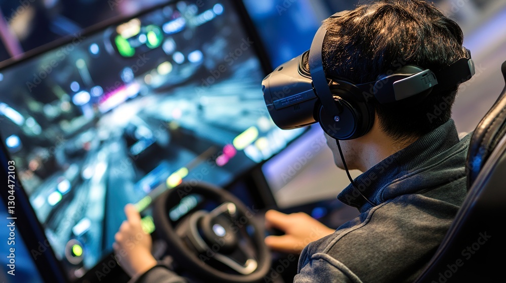 Virtual reality gaming setup with a player immersed in a digital world ...