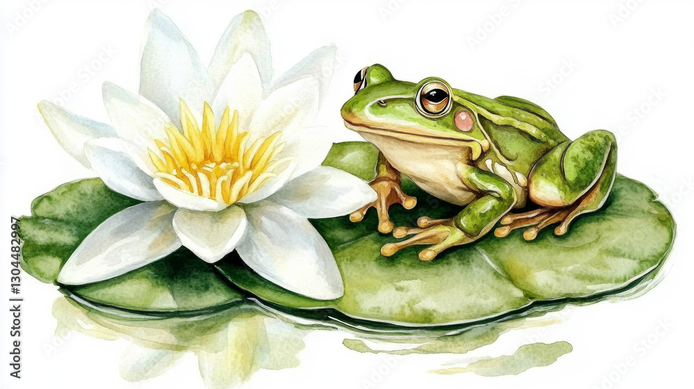 Watercolor painting of a green frog on a lily pad with a white water ...