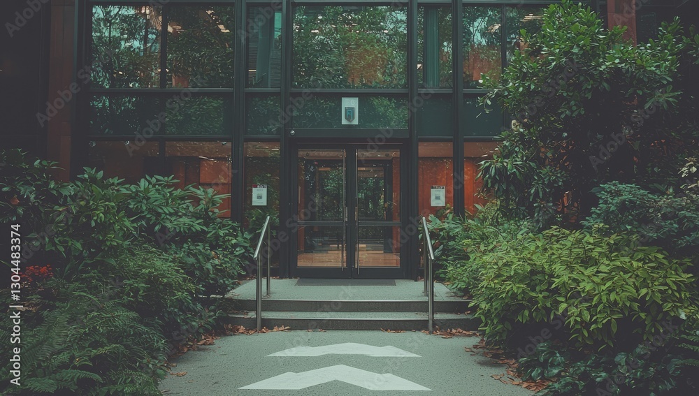 The hospital entrance, complete with wide automatic doors and ramps ...