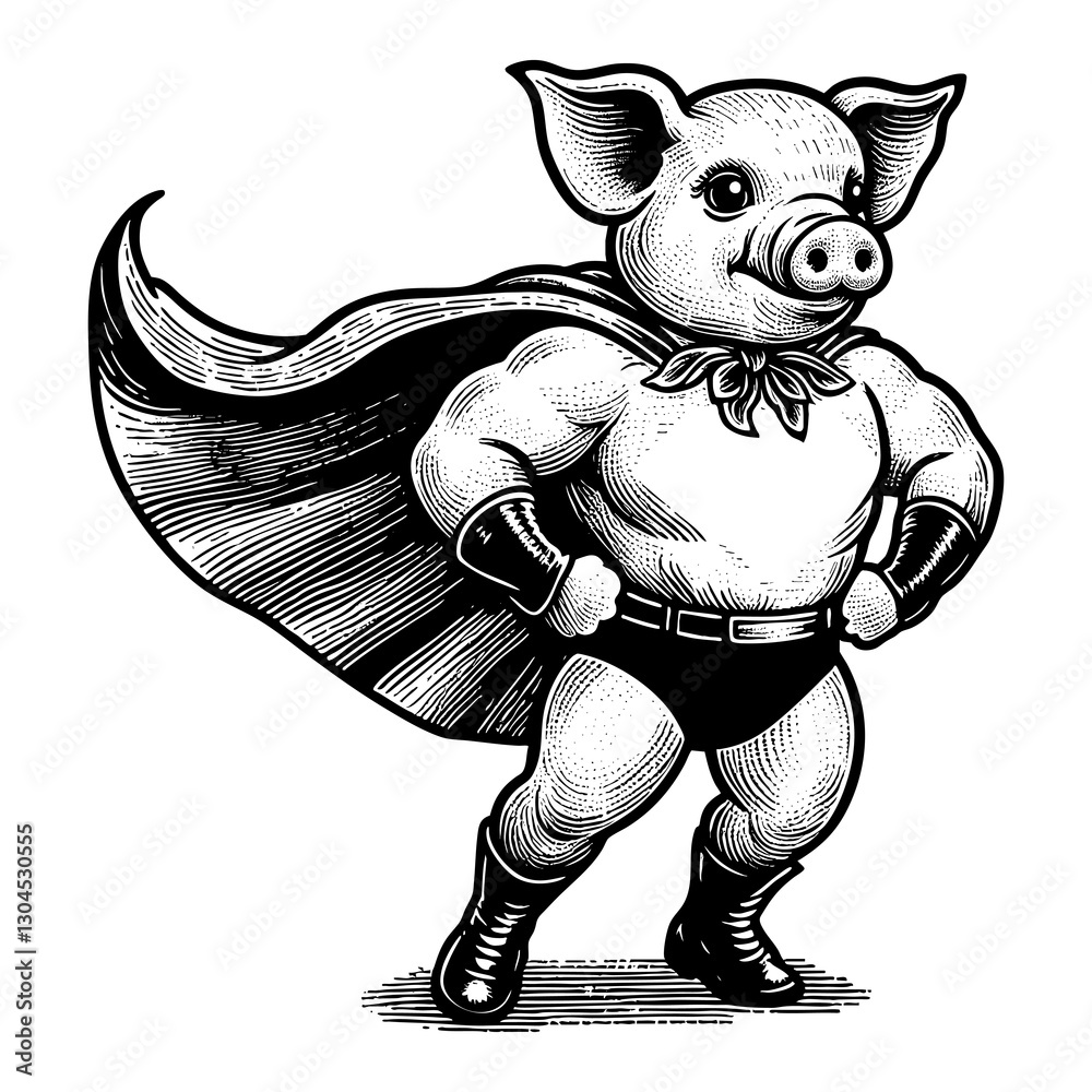 muscular superhero pig with a cape, representing humor, strength, and ...