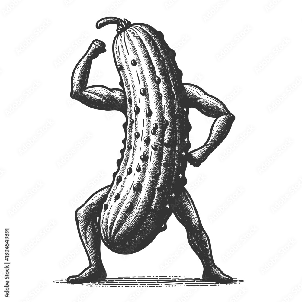 cartoon muscular cucumber pickle character with flexed arms, combining ...