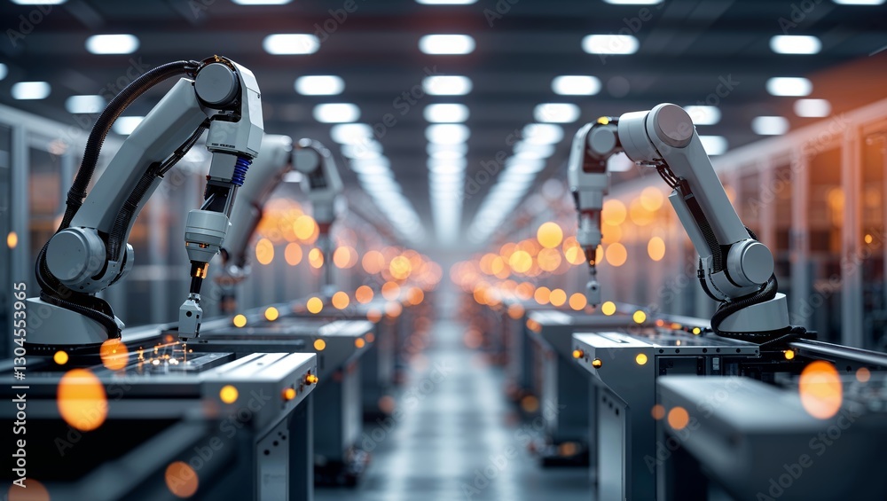 Advanced robotic arms automate production line in a modern manufacturing facility during night ...