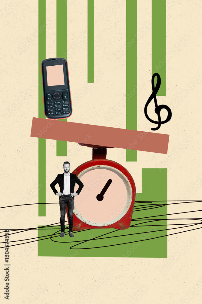 Art image vertical photo collage of serious businessman stand scale ...