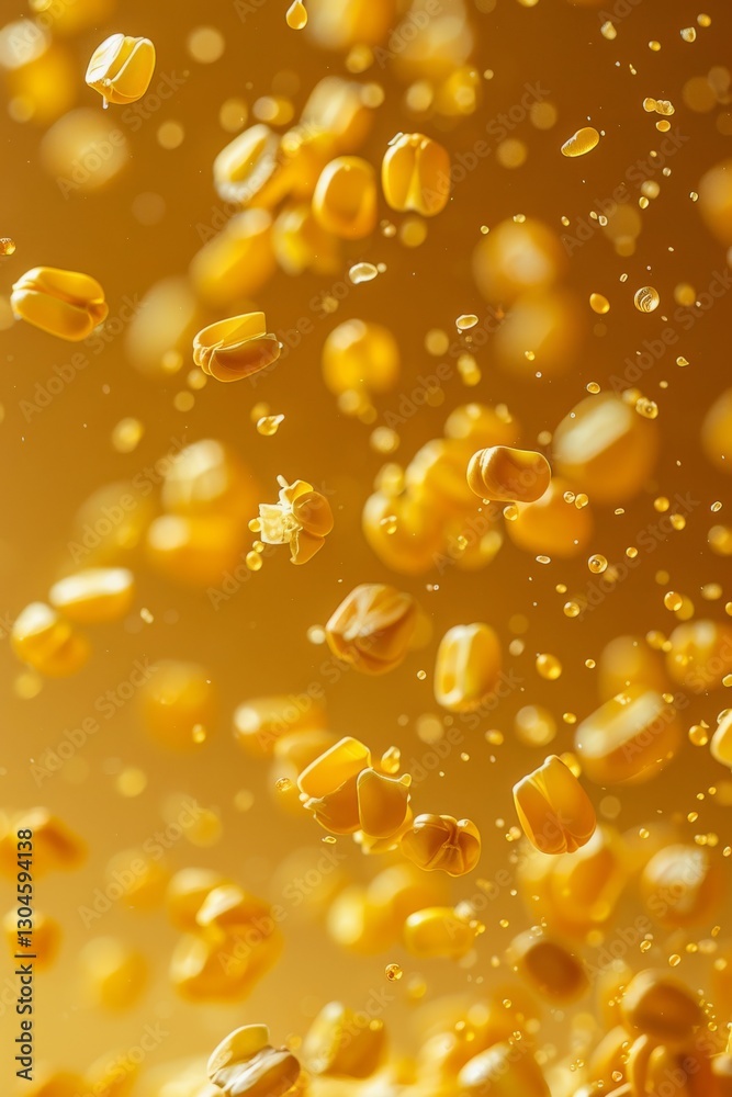 scattered corn kernels in the air on a bright background, highlighted ...