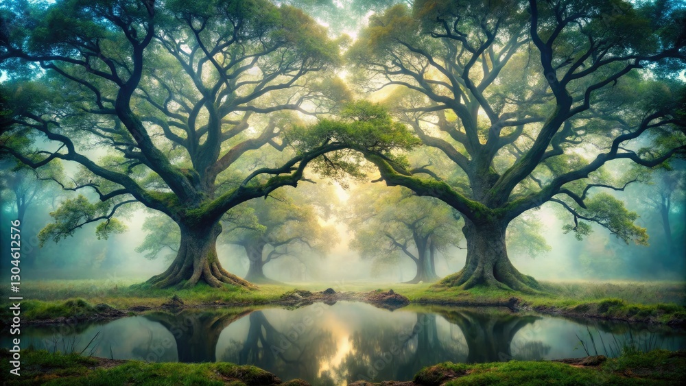 Surreal forest twins: a mystical oak's mirrored reflection, a fantasy ...