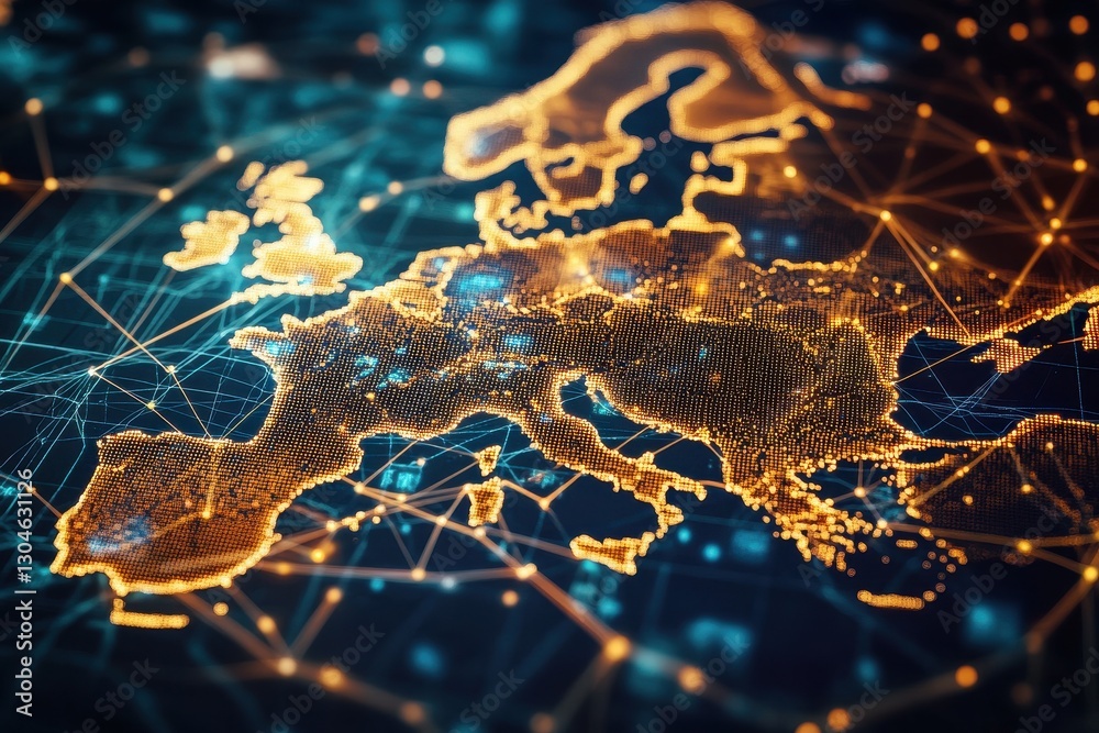 Western Europe map with interconnected digital nodes, visualizing the ...