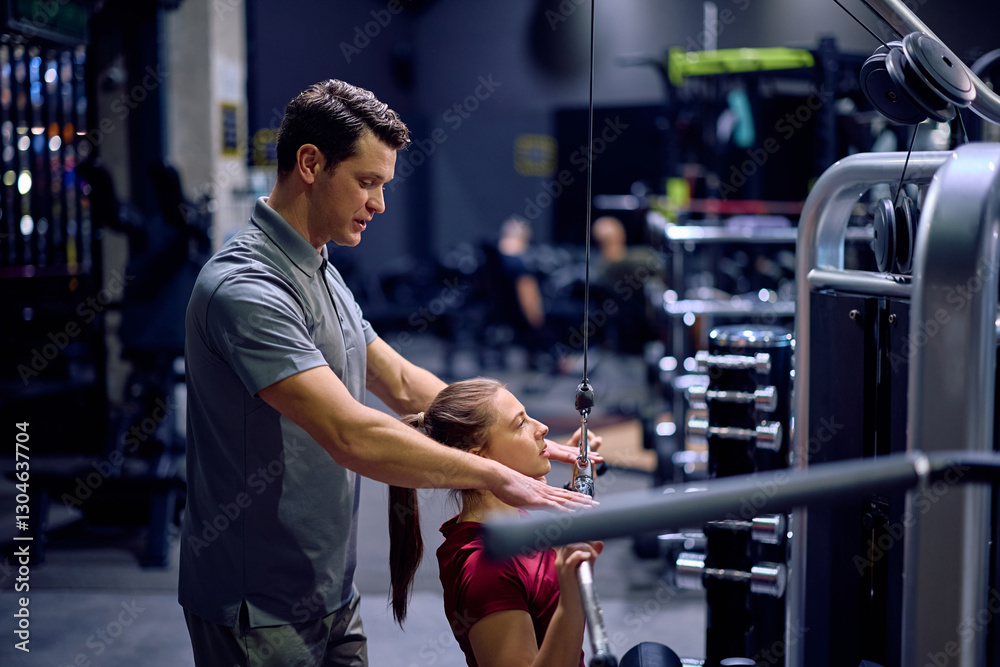 Athletic woman working out on lat pulldown exercise machine with help ...